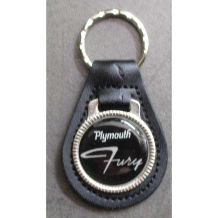 Keychain Metal Leather Plymouth Fury Logo Black White Auto USA
