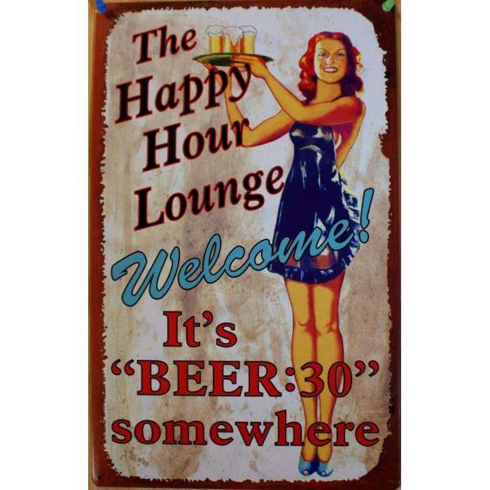 plate pin up waitress happy hour 40x28 cm welcome tole deco bar