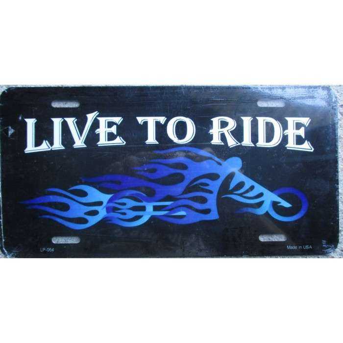 Live to ride motorcycle license plate with blue flames us