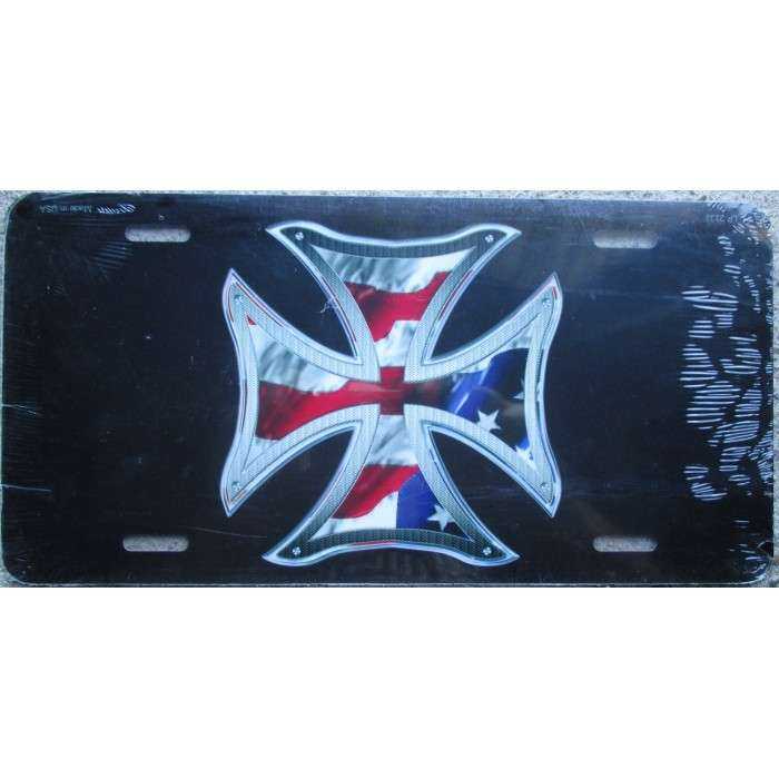 license plate Maltese cross US flag tole poster