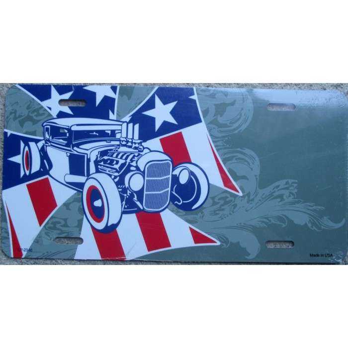 License plate Hot Rod and Maltese Cross USA Tole Pub