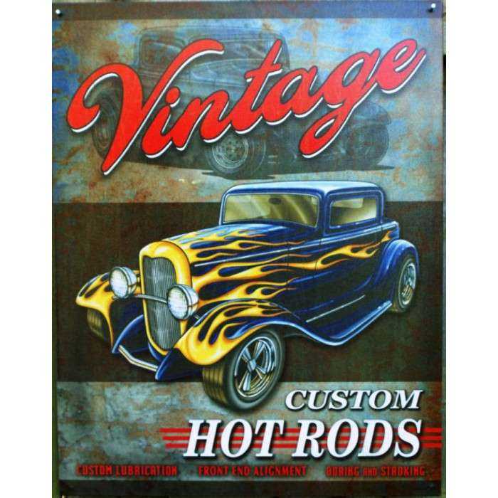 plaque hot rod bleu a flammes jaune vintage custom tole pub