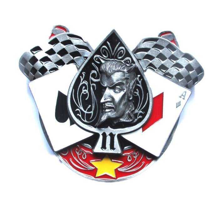 Devil belt buckle and card games checkerboard flag rockabilly man woman