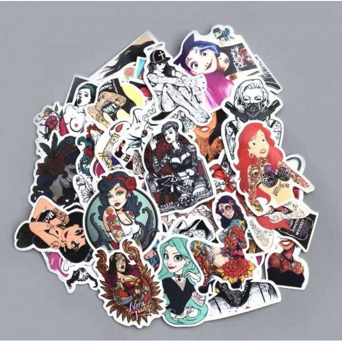 Set of 50 stickers Pin Up Tattoo Sexy Sticker White Background Women
