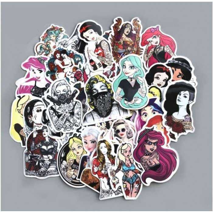 Set of 50 stickers Pin Up Tattoo Sexy Sticker White Background Women