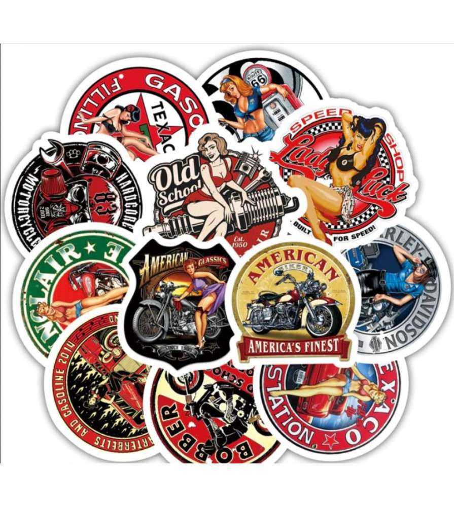 Set of 31 Stickers Pin Up Motorcycle Texaco Hot Rod Garage Rock Roll ...