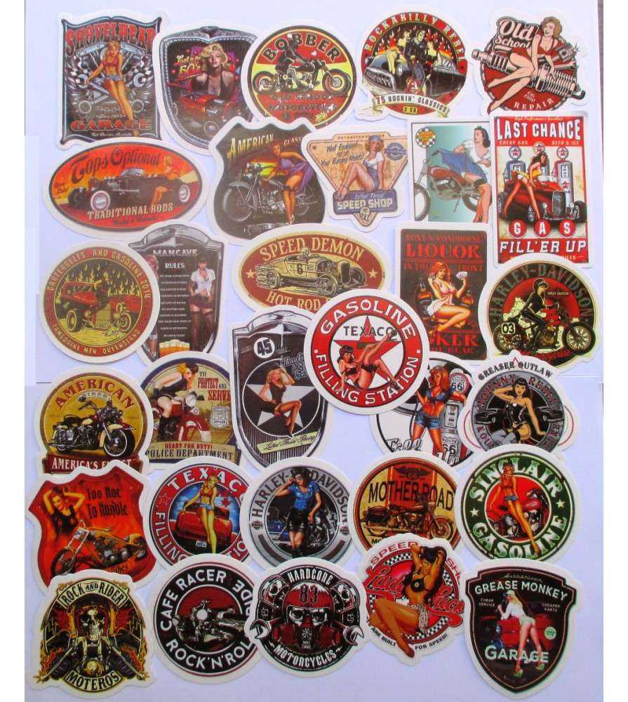 Set of 31 Stickers Pin Up Motorcycle Texaco Hot Rod Garage Rock Roll ...