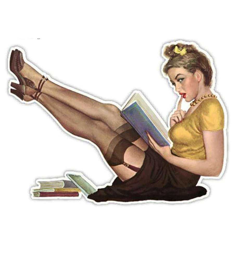 Sticker Extra Fin 13x9 Cm Pin Up Et Qui Lit Un Livre Autocollant Garage