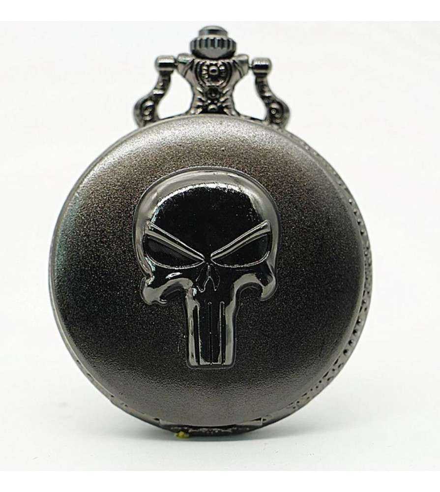 Black chrome pocket watch with a men's embossed skull
