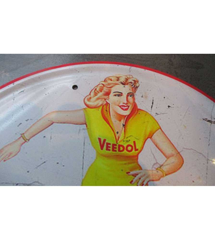 Plate pin up veedol aged round 30cm tole deco garage