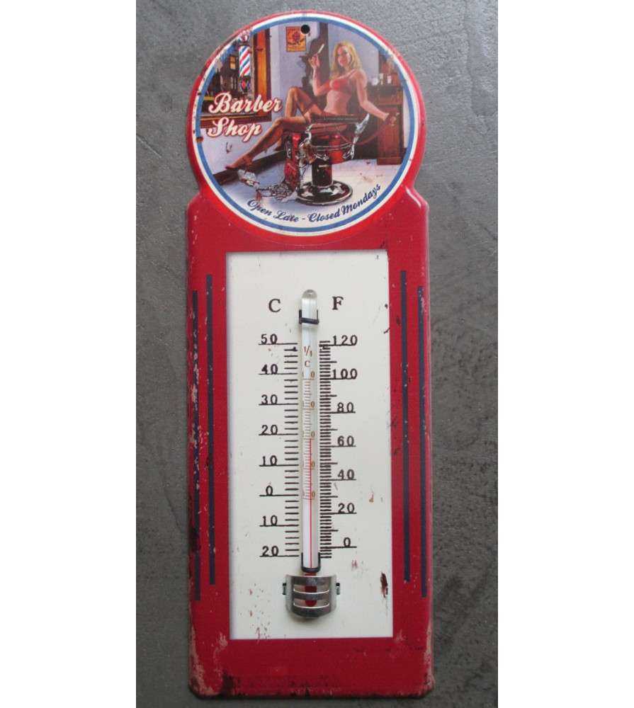 Barber Shop thermometer with pin up in a red barber chair 29x10cm